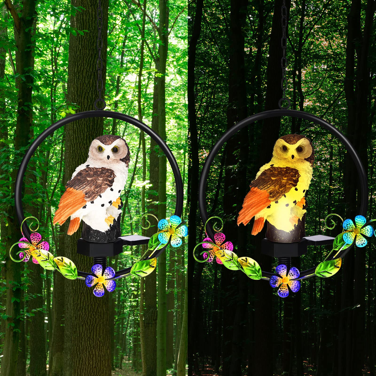 Owl Solar Light LED Garden Waterproof Lights Outdoor Decoration Stake Funny Owl Lights Yard Ornament Retro Resin Christmas Night Lamp Statue Windchime with Longer Brighter Charge and Light Sensors