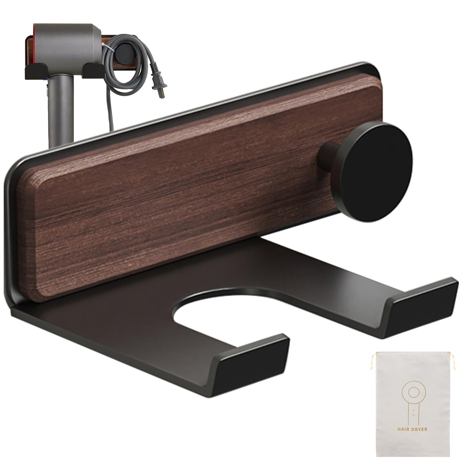 EHERDM Wall Mounted Hair Dryer Holder with Storage Bag Drill-Free Adhesive Blow Dryer Holder Walnut Bathroom Storage Shelf Solid Wood Storage Rack for Home Black