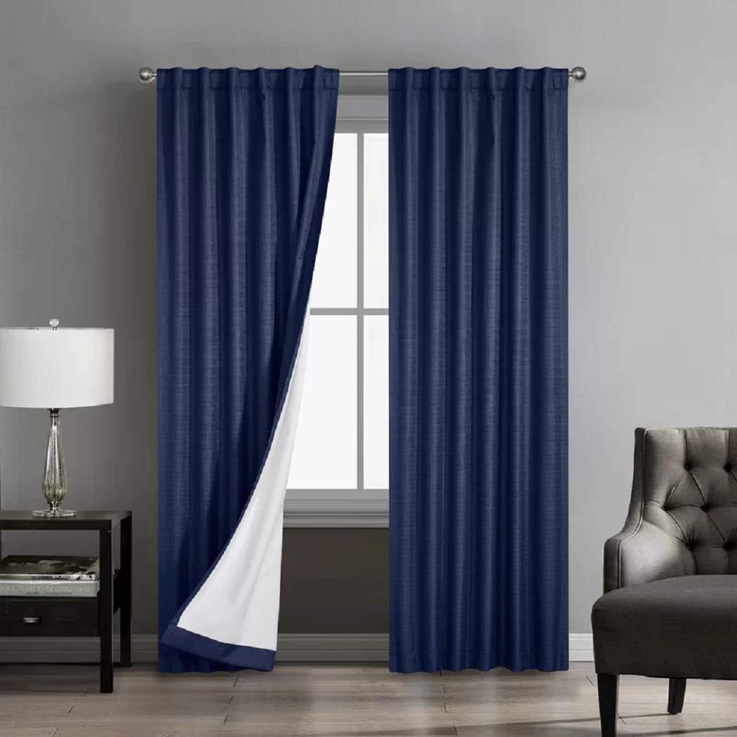Charlton Home Rotraut Solid 84 Inch Room Darkening Thermal Rod Pocket Curtain Panels in Navy, Set of 2