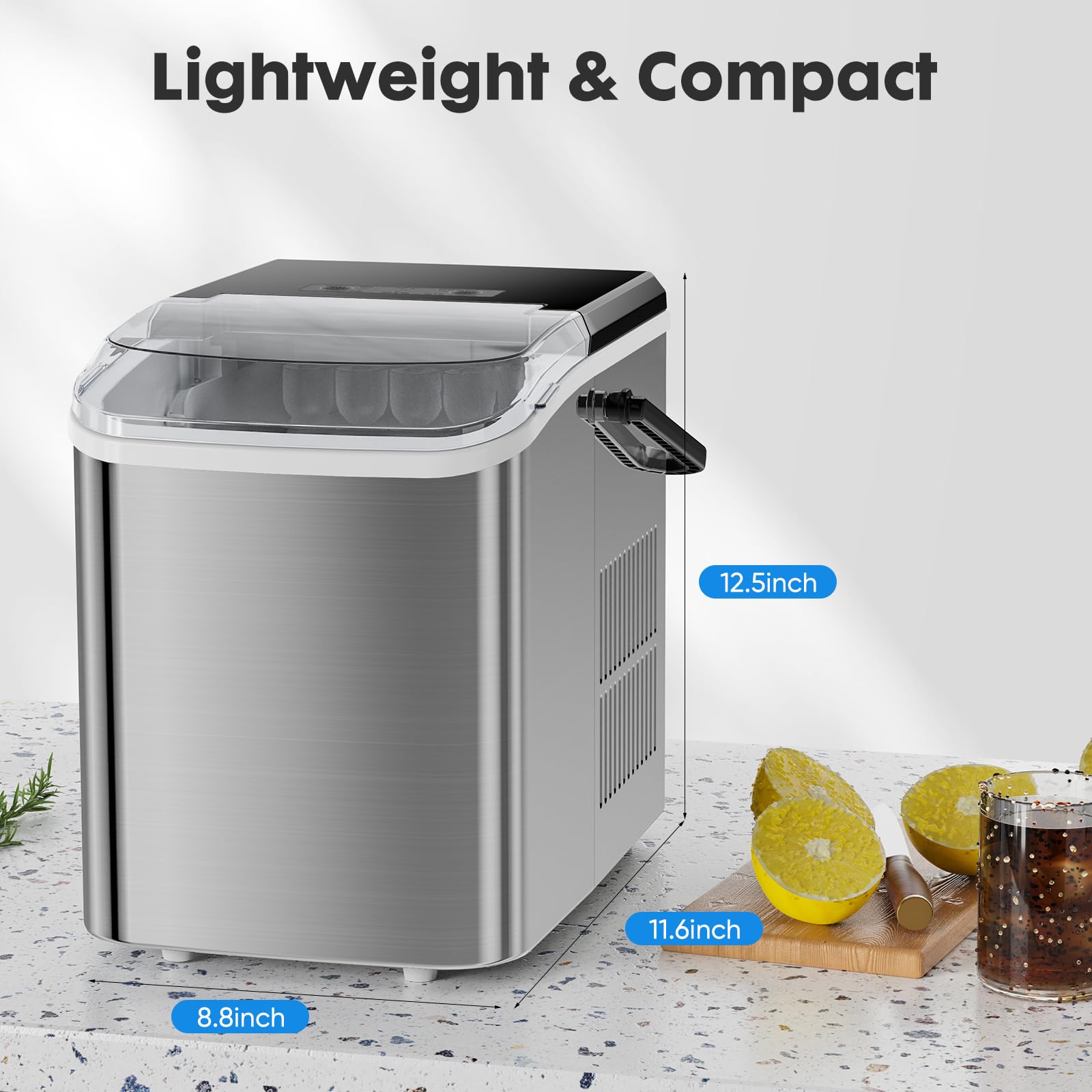 DUMOS Stainless Steel Countertop Ice Maker, Portable Self-Cleaning Ice Machine with Handle, Ice Scoop and Basket, 6 Mins/9 Pcs, 26.5lbs/24Hrs, 2 Sizes of Bullet Ice for Kitchen Party, Silver
