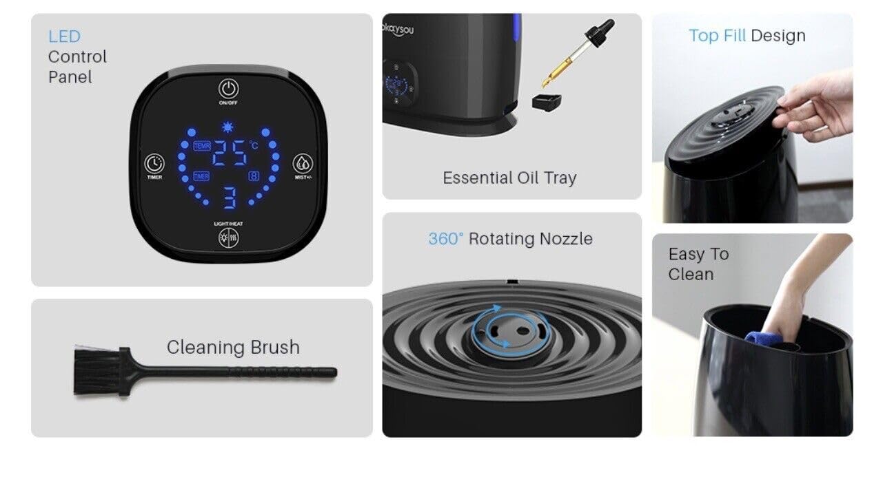 Okaysou Humidifiers, 6L Smart Humidifier and Diffuser for Bedroom Large Room W/Remote Control, Filterless, 50 Hour Top Fill Cool Mist Humidifiers with Humidistat for Babies, Plant, Sleep Mode, Timer