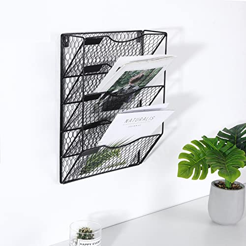 BSJYMJIAJU 5 Slots Arc Wall File Holder Wall Mount Magazine Rack Hanging Mail Organizer Metal Wire Mesh Wall Mount Mail Literature Organizer for Home and Office (Black)