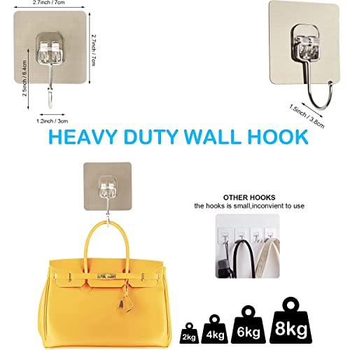 Large Adhesive Hooks 22LB(MAX),Waterproof and Rustproof Wall Hooks for Hanging Heavy Duty,Stainless Steel Towel Door and Coat Hooks for Kitchen, Bathroom, (10, 2.76*2.76 inch)