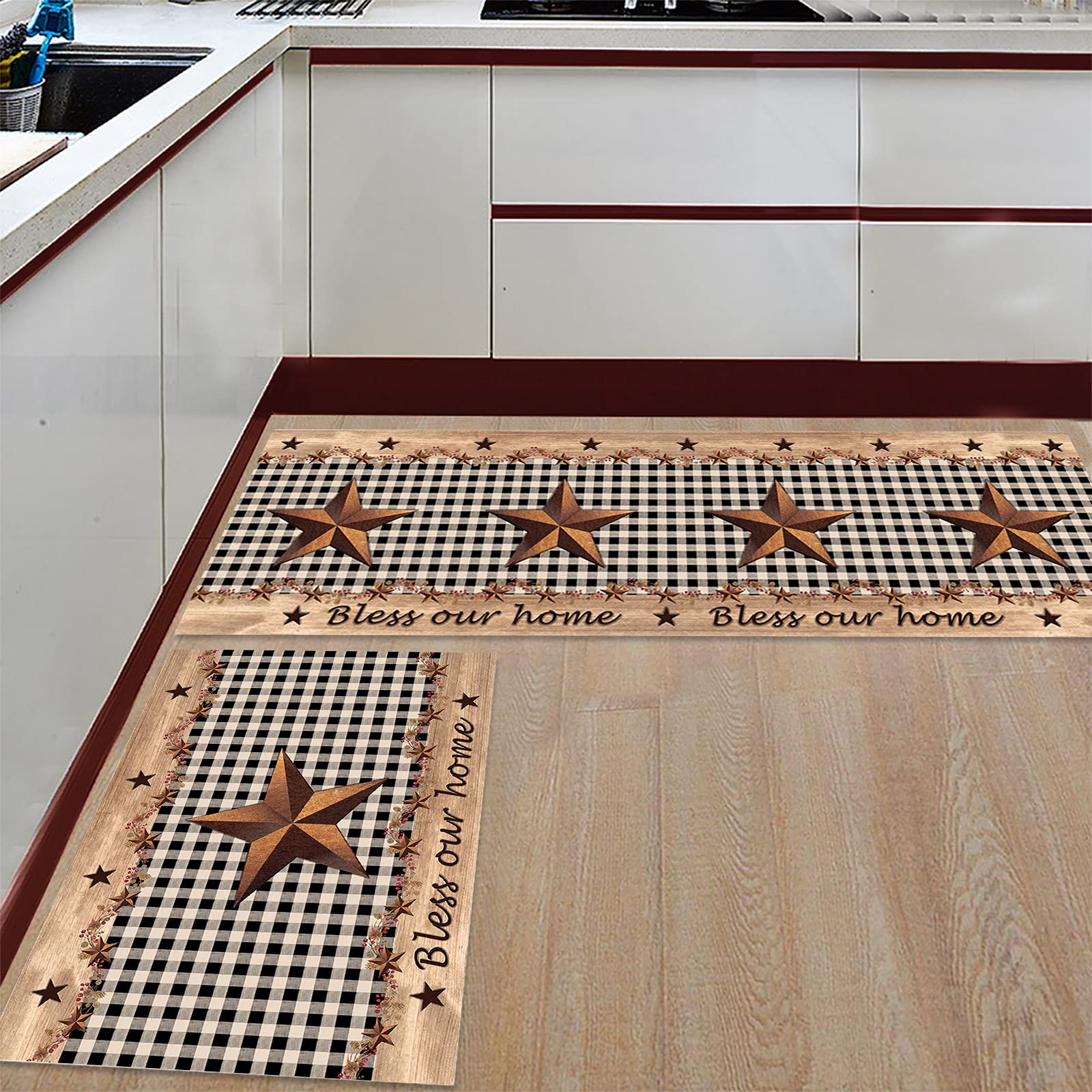 CHARMHOME 2 Pieces Kitchen Rugs and Mats Set Western Texas Star and Primitive Berries Country Wooden Plank Non-Slip Kitchen Mat Washable Doormat Runner Set(15.7"x23.6"+15.7"x47.2")