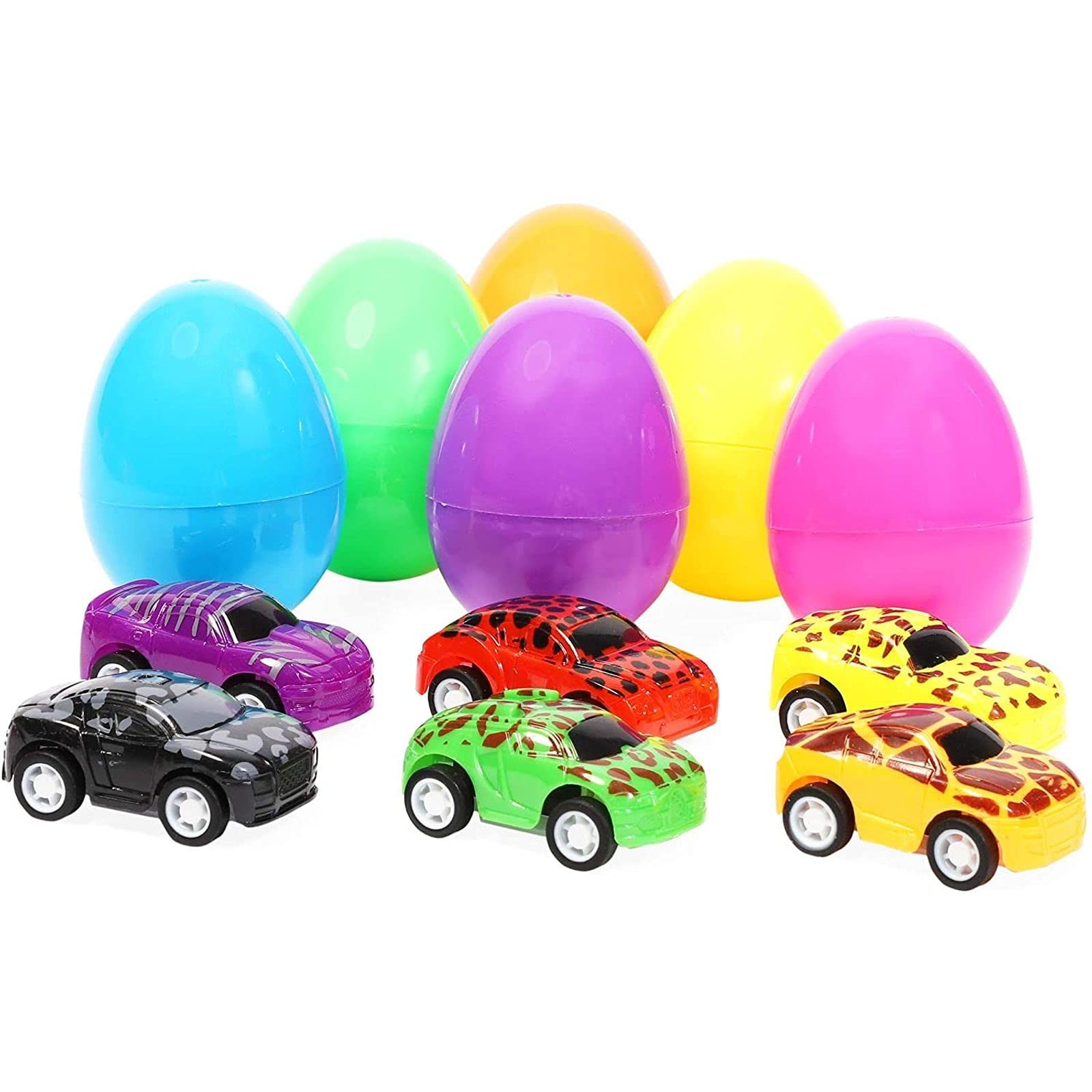 Pre-Filled Easter Eggs with Mini Pull Back Toy Cars (2.5 In, 24 Pack)