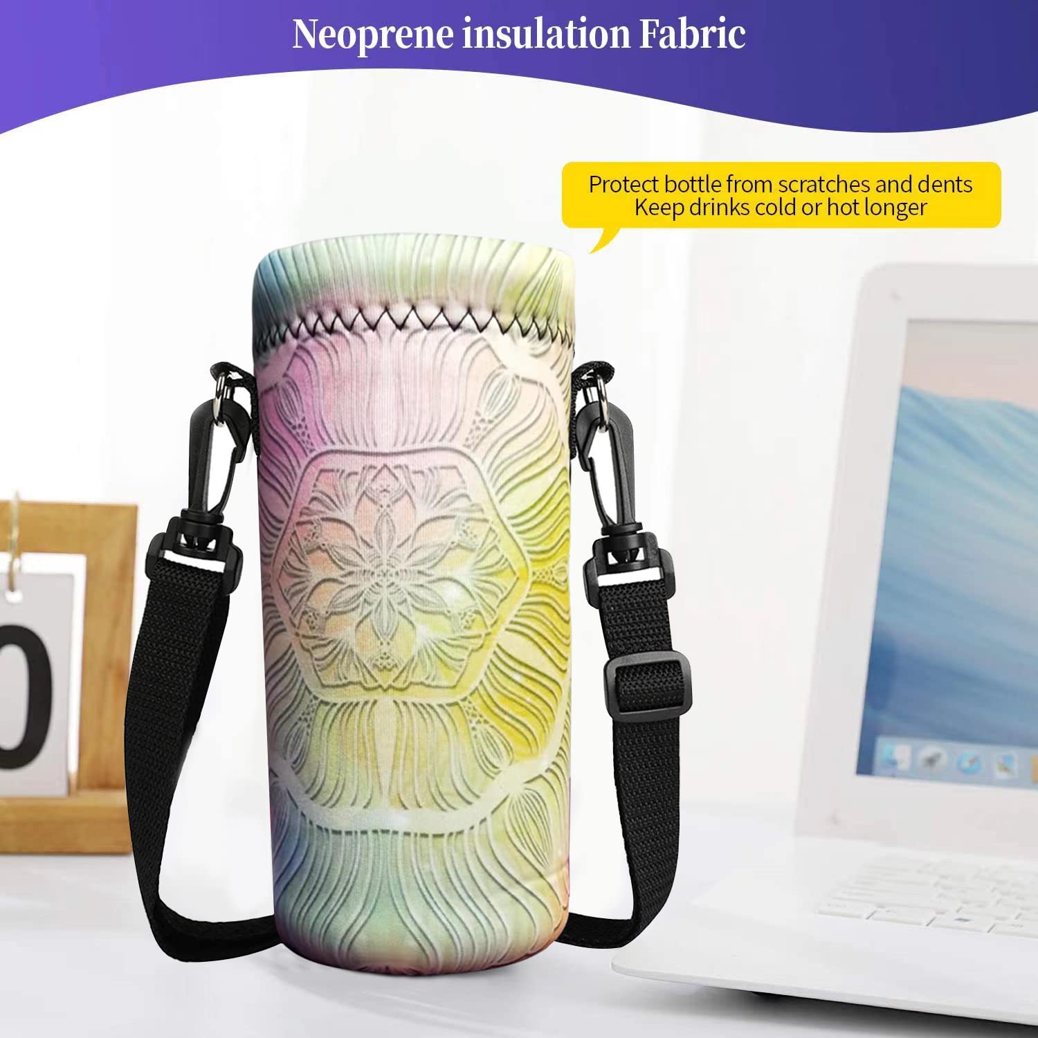 HEABPY Neoprene Water Bottle Carrier ,Water Bottle Strap,Fits 500ml 750ml 1000ml Glass, Plastic, Meta Bottle, Holder with Shoulder Strap,Pouch, Pocket & Carrying Handle (1000ML, Colorful Mandala)