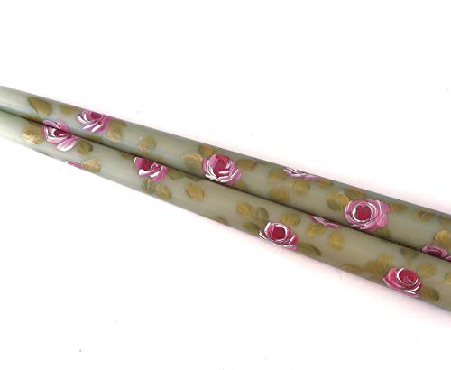 Dripless Unscented Olive Sage Green Romantic 10 Inch Long Taper Dinner Candles Set with Painted Pink Roses