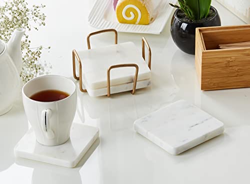 Queenza Marble Coasters with Holder, Set of 4 Gold Coasters for Drinks , 4 Inch Modern Coasters for Coffee Table - Natural White Coasters with Padded Bottom