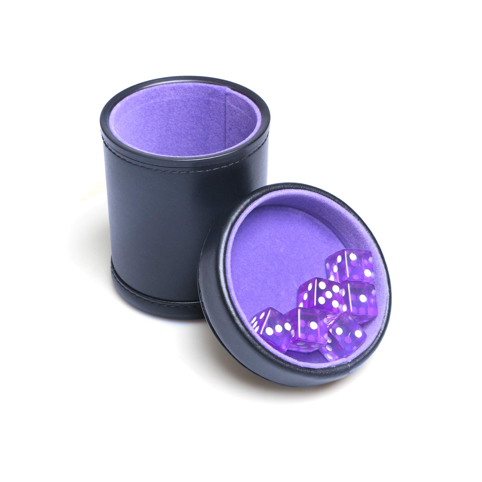 PU Leather Dice Cup with Lid/ Cap, Felt-Lined Dice Shaker Includes 6 Six-Sided Dice for Liars Dice/ Farkle/ Yahtzee/ Board Games