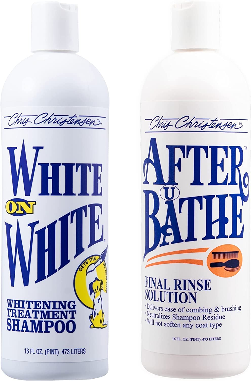 Chris Christensen Shampoo & Conditioner 16 oz Bundle - White on White Shampoo + After U Bathe Final Rinse Conditioner, Groom Like a Professional, Made in USA