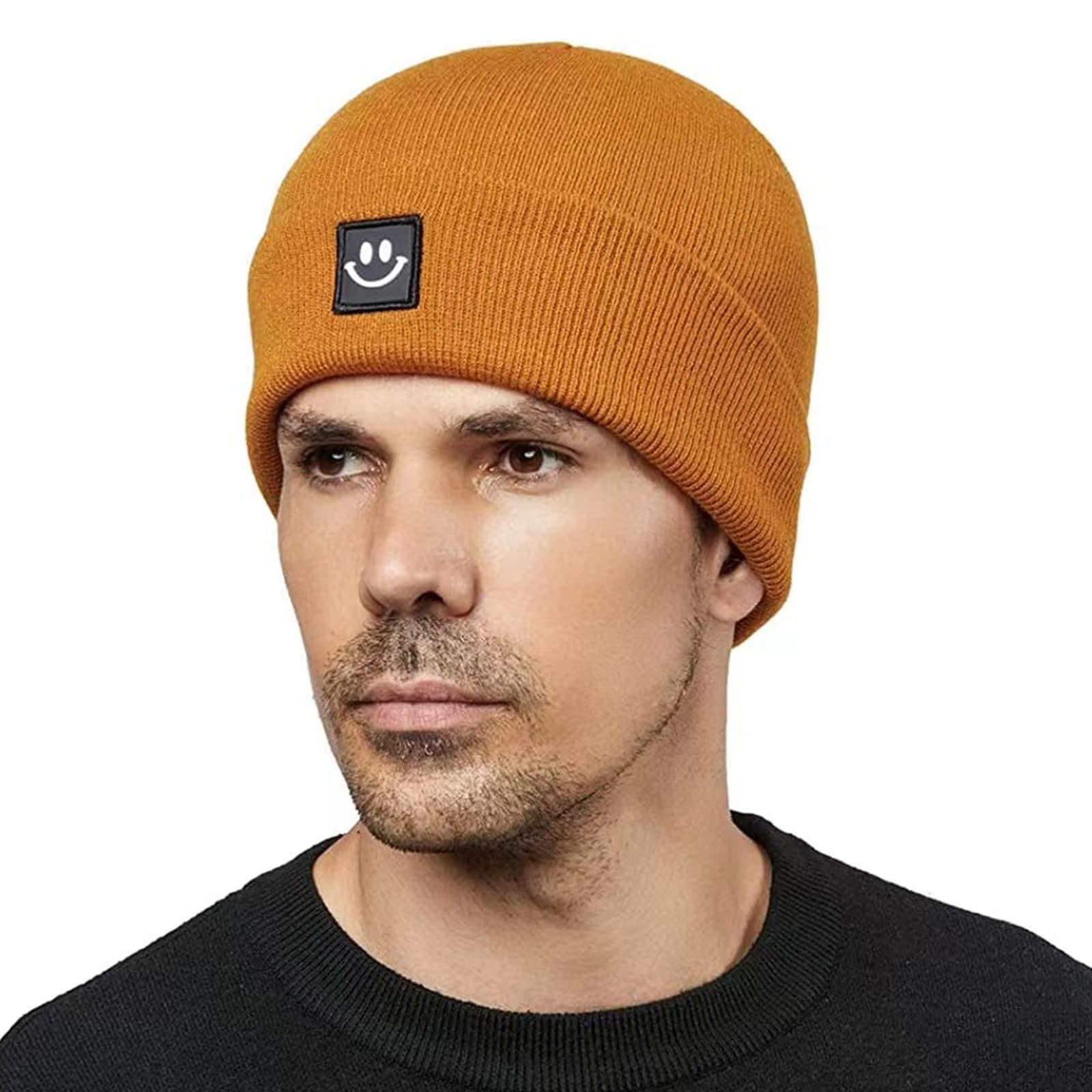 CAZYTOYZ Knit Beanie Hat for Men Women with Smile Face Embroidered Cuffed Slouchy Beanies Winter Warm Skull Hat Ski Hat Camel