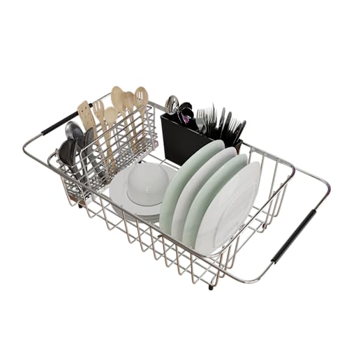 KESOL Over The Sink Drying Rack, Expandable Dish Rack with 2 Utensil Holders (1 Plastic & 1 Steel), 304 Stainless Steel Drying Rack for Kitchen Sink with Anti-Scratch Base, Rustproof Dish Drainer