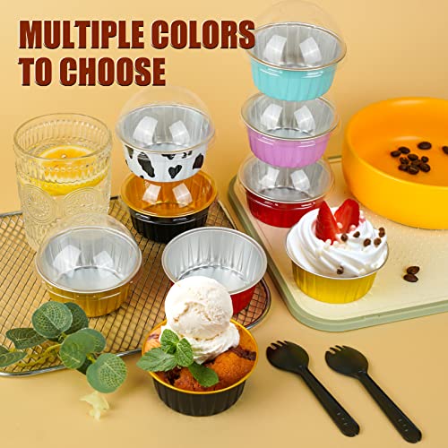 Cupcake Liners, 50PC Aluminum Foil Cupcake Tins with Lids 5oz Disposable Ramekins Mini Muffin Creme Brulee Cupcake Containers Dessert Cups for Wedding Party Gold