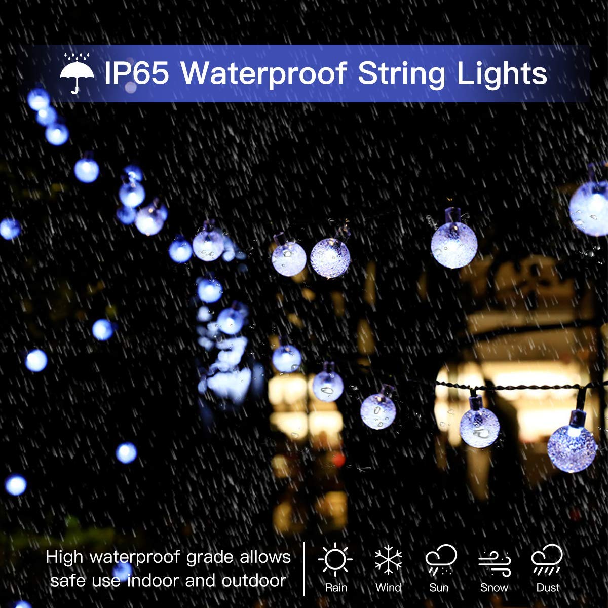 White String Lights Solar/USB Powered, 60LEDs 26Ft Crystal Globe Fairy Lights with Multi-Modes & Waterproof Function for Outdoor Garden & Indoor Room Decor