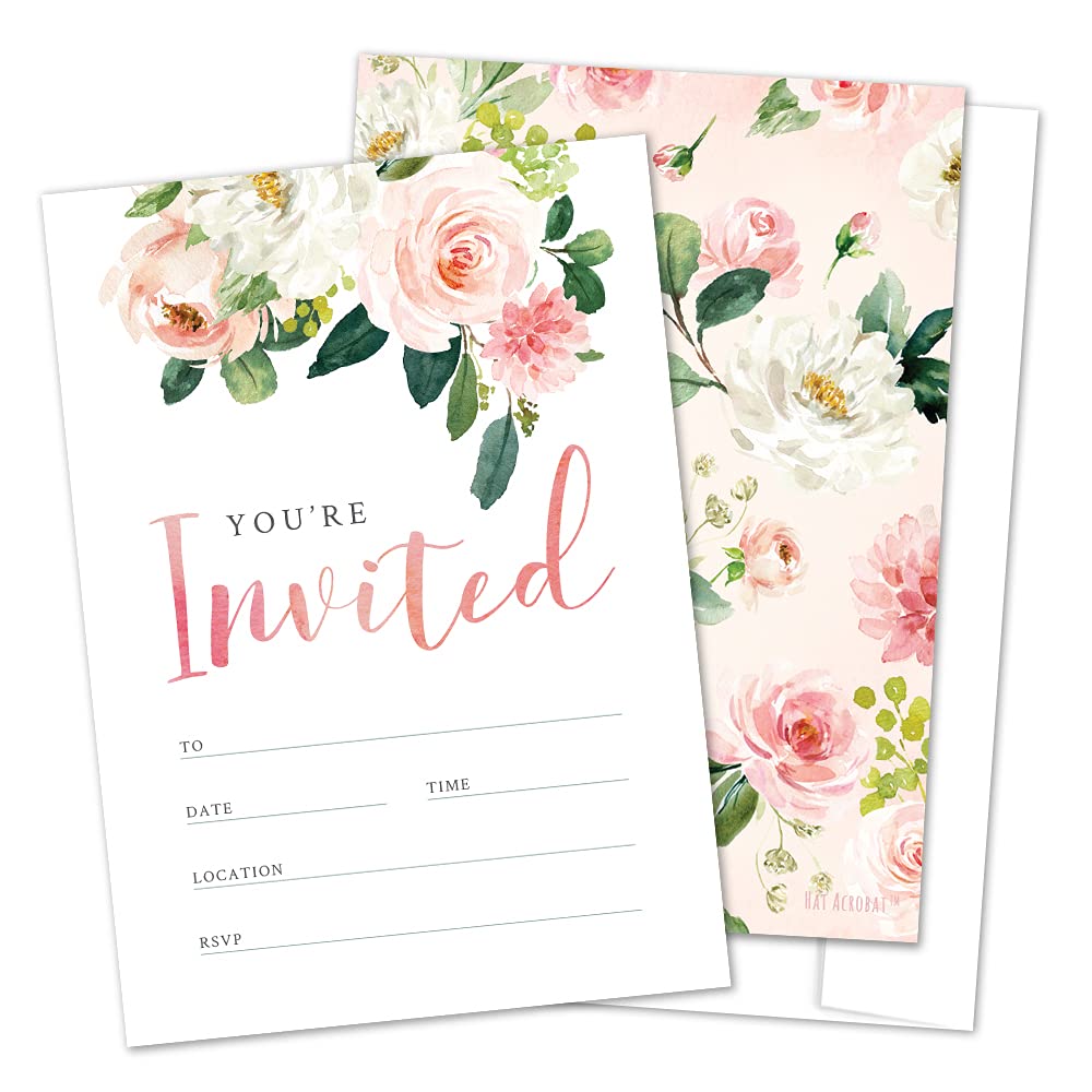 Floral Fill-in Invitations with Envelopes, Perfect for Bridal Shower, Baby Shower, Wedding, Rehearsal Dinner, Birthday Party, Anniversary Party (25 Pack)