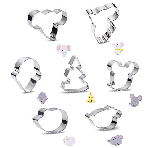 Cute Mouse Shaped Cookie Cutters Set of 7 pcs, Stainless Steel Mice Head Rat Cheese Series Fondant Cut-outs Set Baking DIY Molds