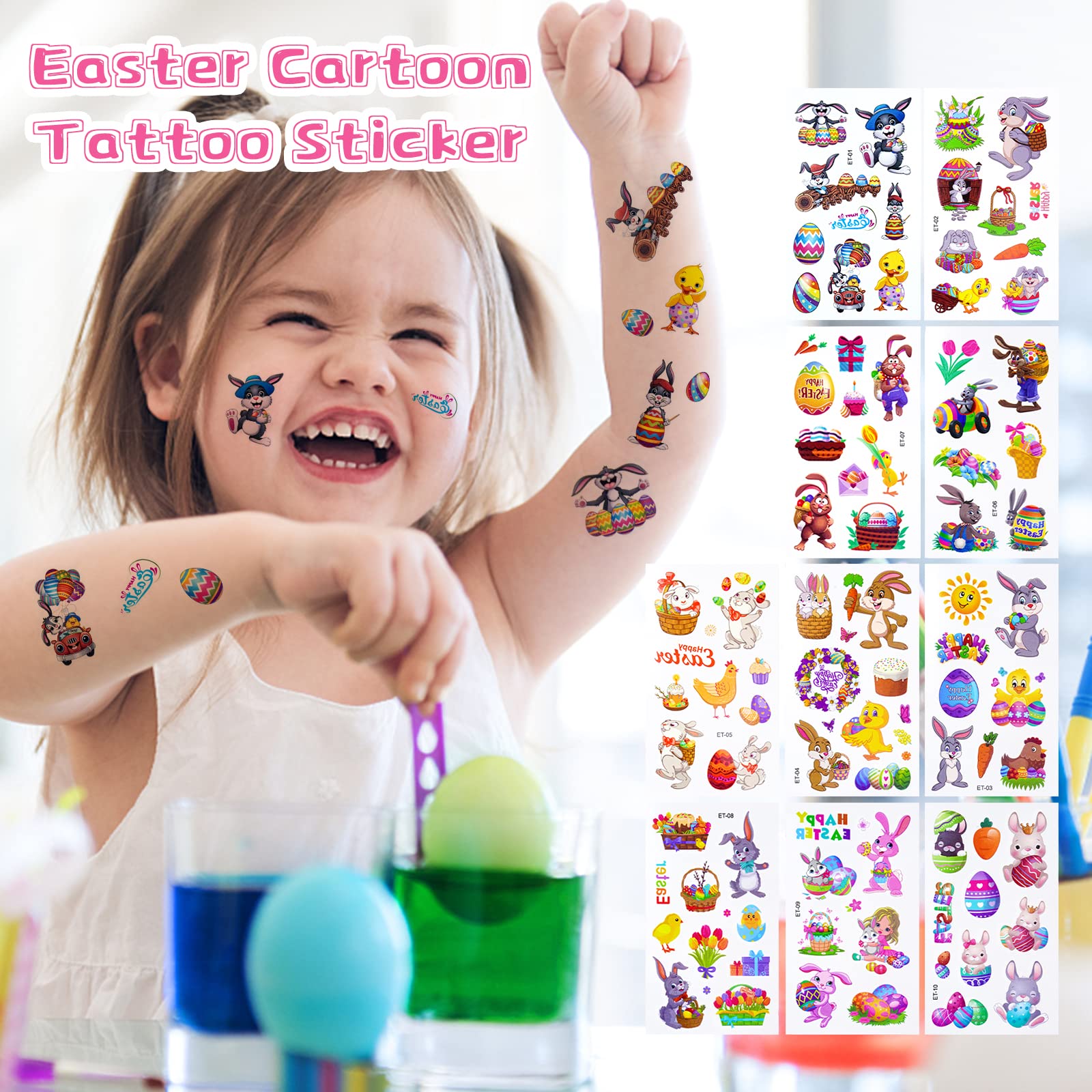 Easter Baskets for Kids, Easter Bunny Canvas Bags with 10Pcs Cute Tattoo Stickers for Easter Egg Toy Hunting, Reusable Candy Gifts Storage Baskets, Easter Decorations Party Supplies