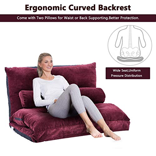 Merax Lazy Sofa Bed, Five Position Adjustable Folding Floor Couch with 2 Pillows, Futon Love Seat Sofa for Living Room, Bedroom, Stury Room (Burgundy)