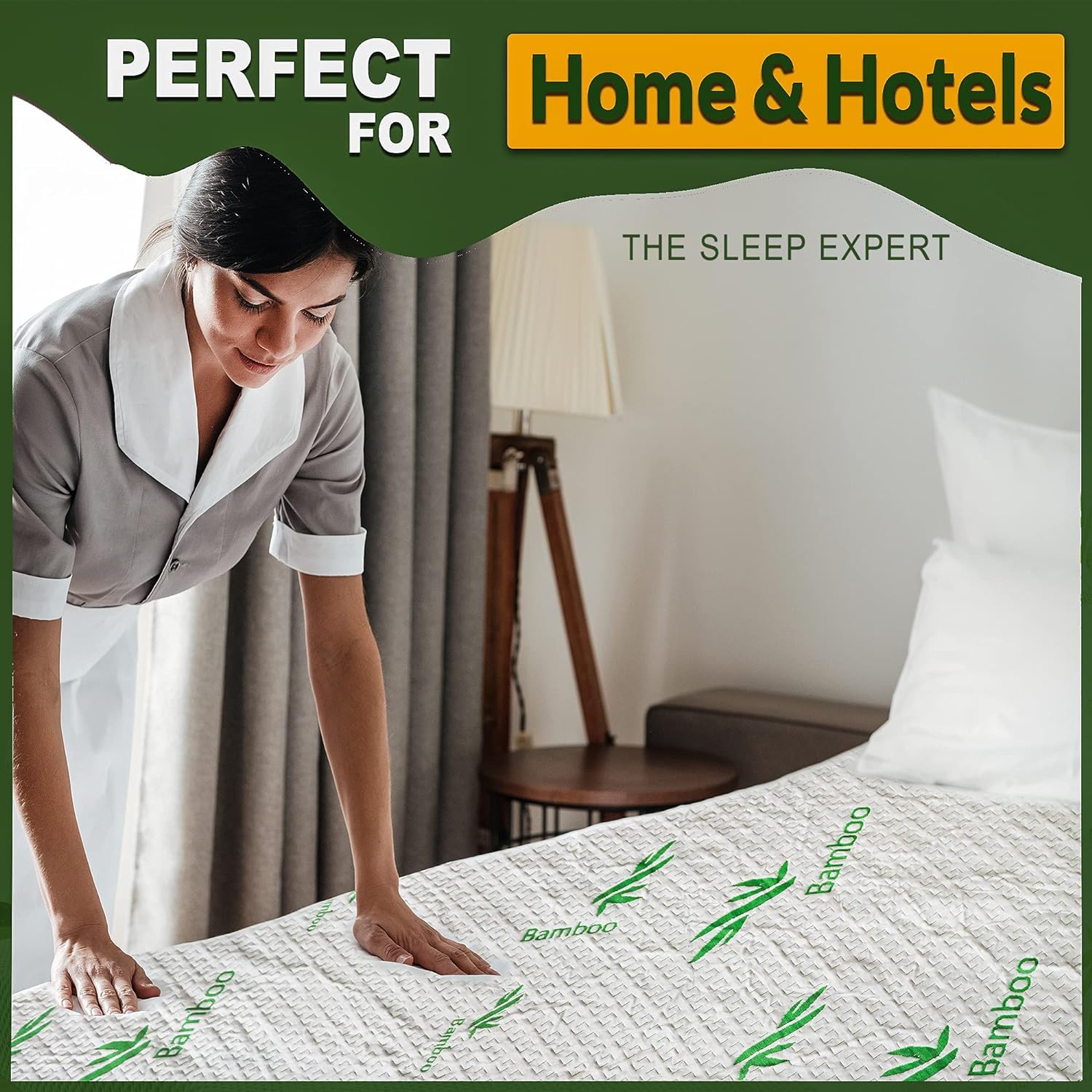Dream Linens Bamboo Mattress Pad with Fitted Skirts, Double Knit Jacquard Mattress Topper, Breathable Soft Quilted Mattress Cover (Queen)