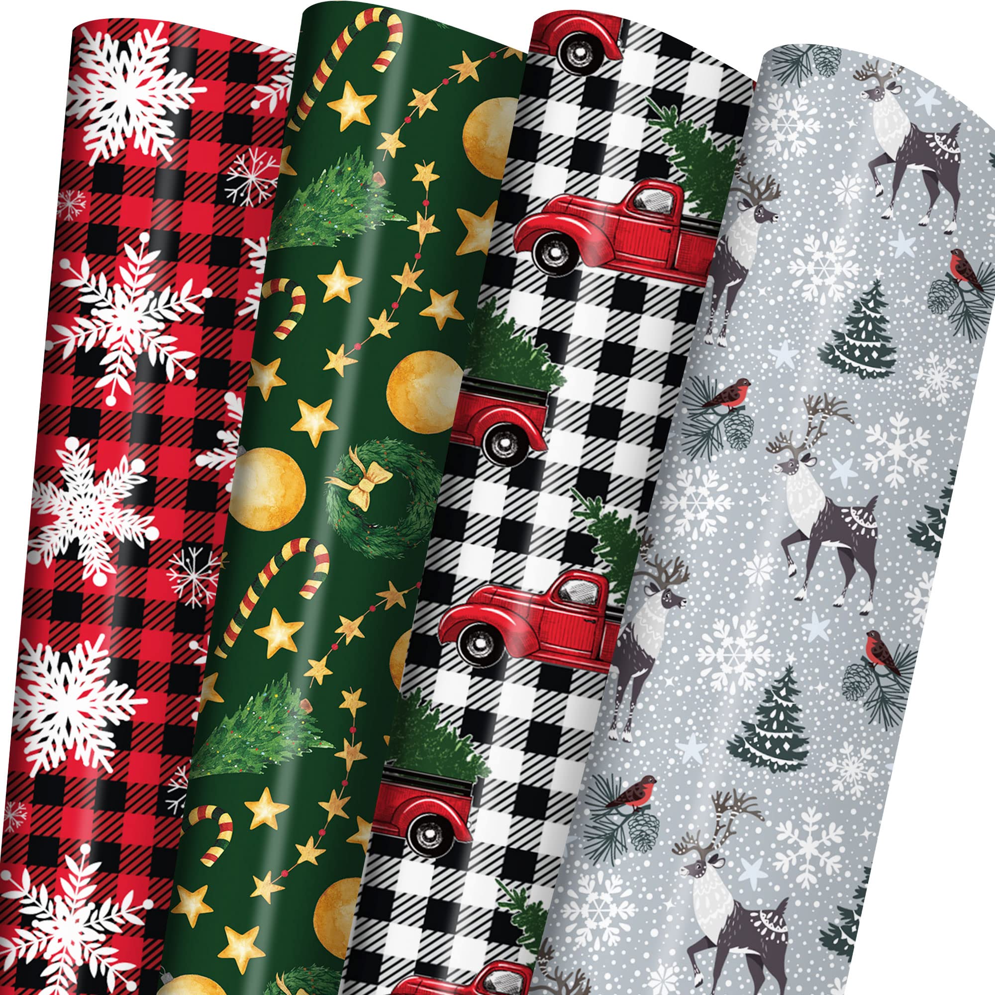 Christmas Wrapping Paper - GIOLNIAY Holiday Gift Wrap with Trucks, Snowflakes, Trees - 4 Jumbo, 4 Medium Sheets