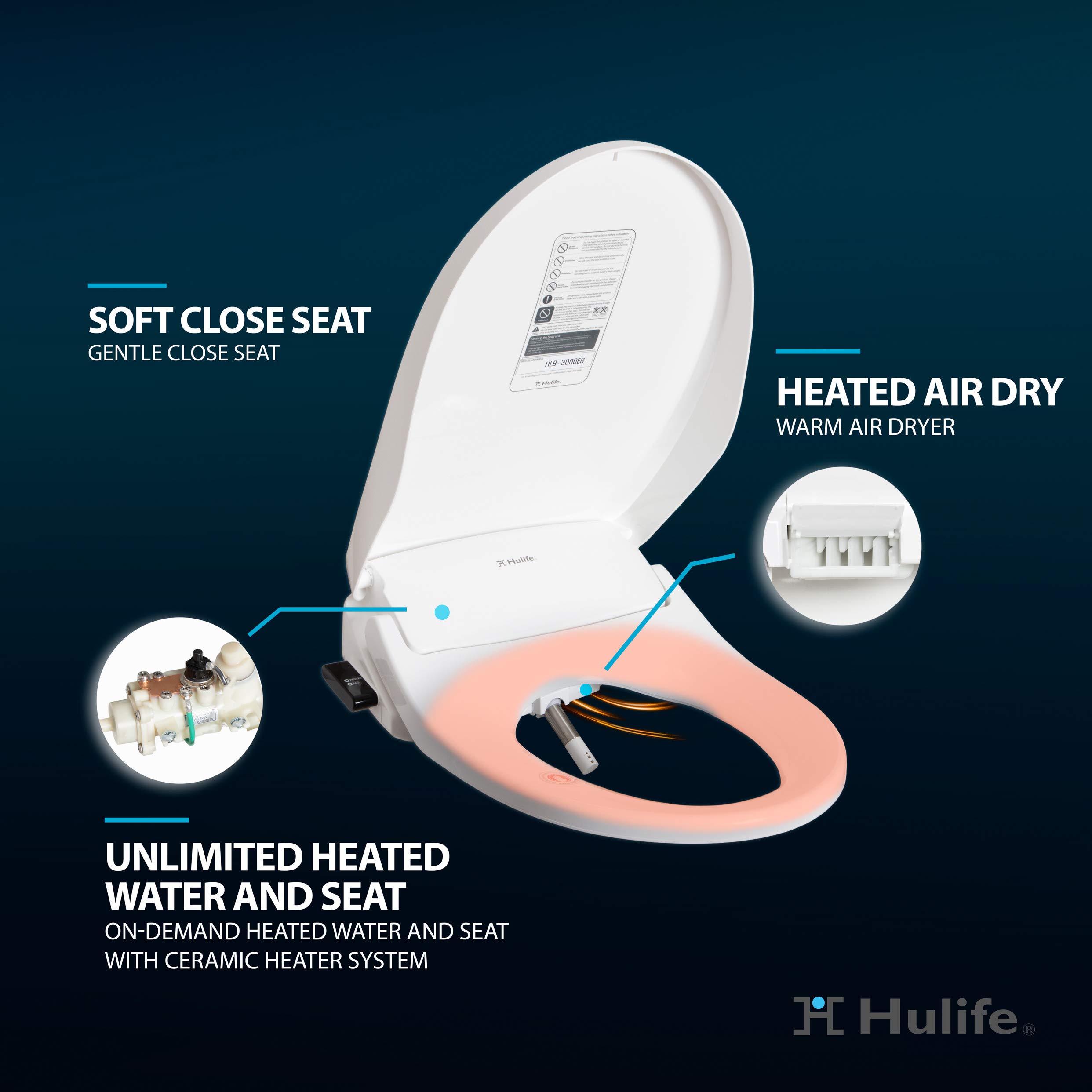 Hulife Electric Bidet Seat for Elongated Toilet with Unlimited Heated Water, Heated Seat, Warm Air Dryer, Wireless Remote Control