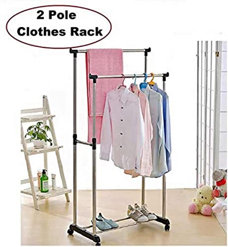 Double Pole Portable Clothing Hanging Garment Rack Laundry Drying Hanger with Wheels (Double Pole) Pole Telescopic Clothes | Fordable Single and Stand for Indoor Outdoor.