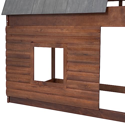 Merax Twin Over Twin Bunk Bed Wood Frame with Roof, Ladder and 2 Windows for Kids Teens Girls Boys,Oak & Smoky Grey