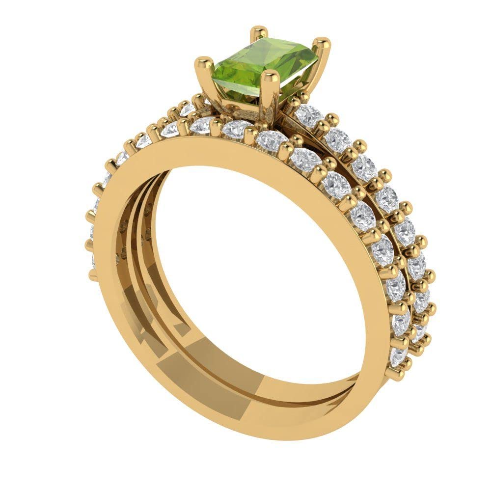 Clara Pucci 1.35 carat Emerald Cut Solitaire Natural Vivid Peridot Engagement Wedding Anniversary Bridal Ring band set 14k Yellow Gold 11