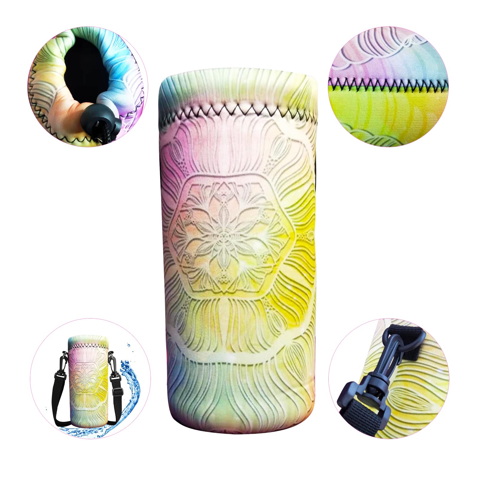 HEABPY Neoprene Water Bottle Carrier ,Water Bottle Strap,Fits 500ml 750ml 1000ml Glass, Plastic, Meta Bottle, Holder with Shoulder Strap,Pouch, Pocket & Carrying Handle (1000ML, Colorful Mandala)
