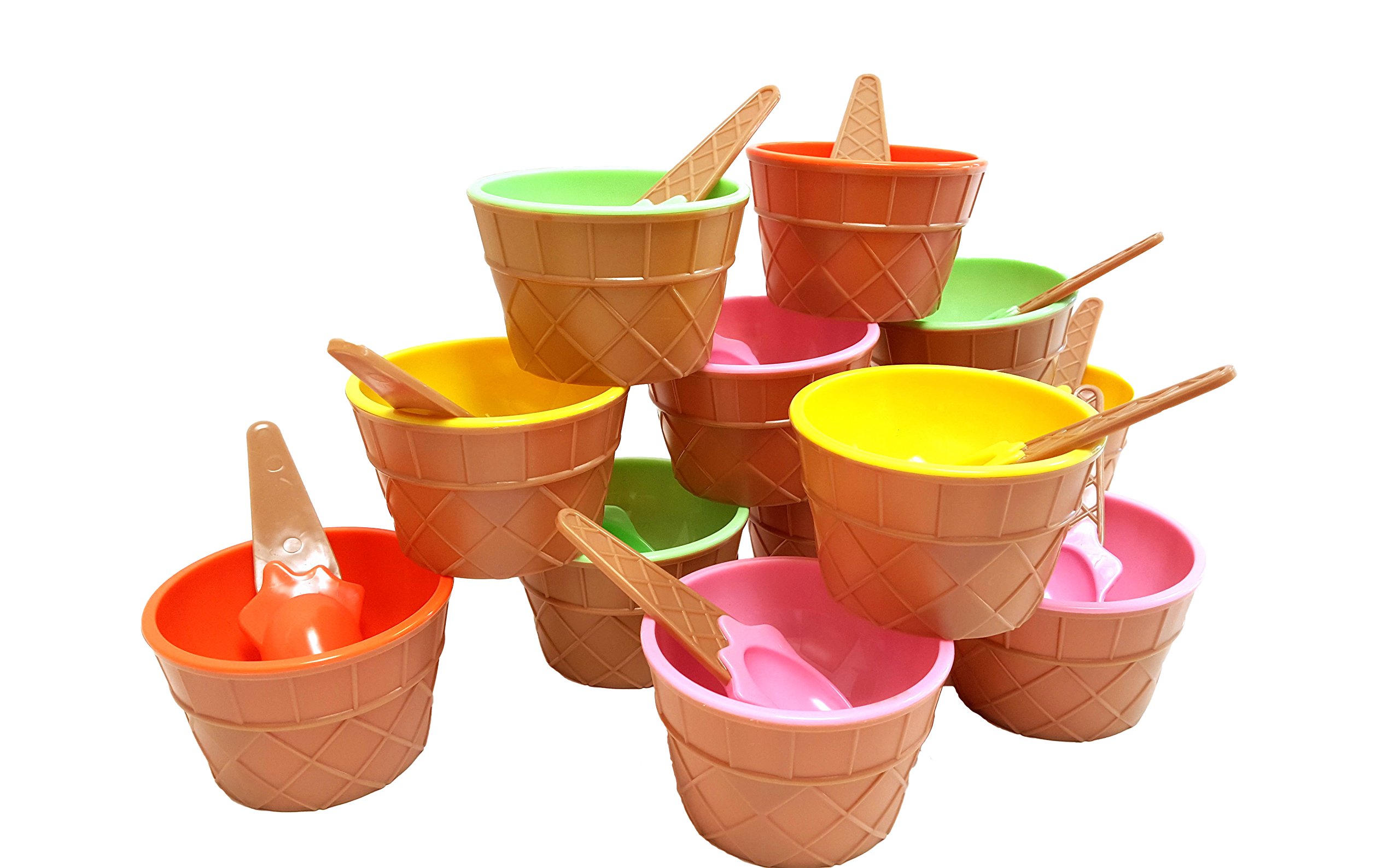 Dondor Enterprises BULK PACK - Plastic Ice Cream Cups with Spoons, Festive Dessert Bowls, Assorted Colors
