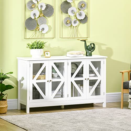 HOMCOM Sideboard, Buffet Cabinet with Tempered Glass Doors and Adjustable Storage Shelf, Credenza, White