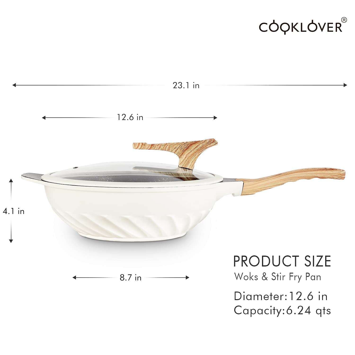 COOKLOVER Nonstick Induction Wok-12.6inch - White & 11 inch Nonstick Stir Fry Pan with Lid β White