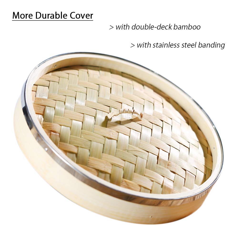 Hcooker 3 Tier Kitchen Bamboo Steamer with Double Stainless Steel Banding for Asian Cooking Buns Dumplings Vegetables Fish Rice