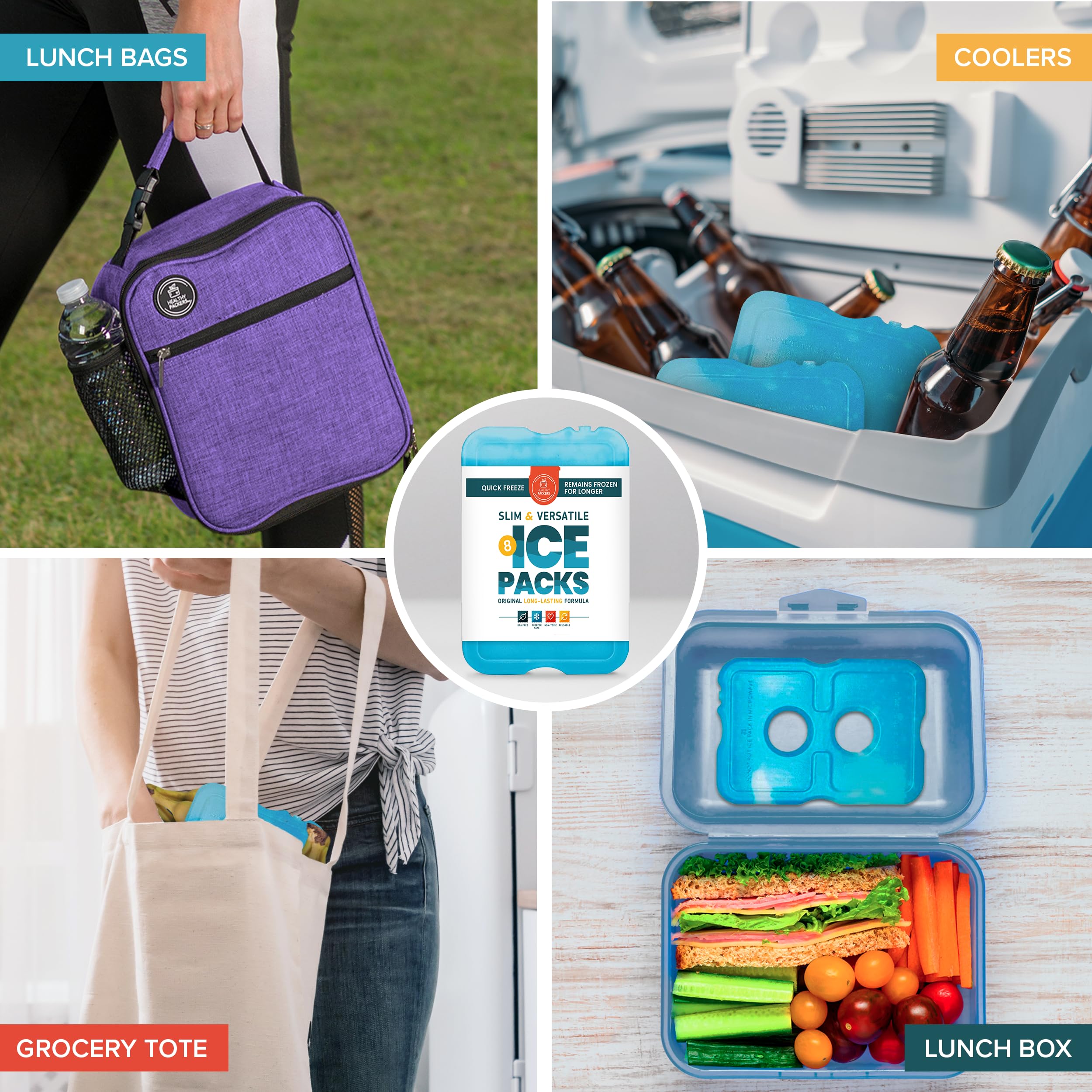 Healthy Packers Ice Packs for Lunch Bags - Original Cool Pack | Slim & Long-Lasting Reusable Ice Pack for Lunch Box, Lunch Bag and Cooler | Freezer Packs for Coolers (Set of 8)