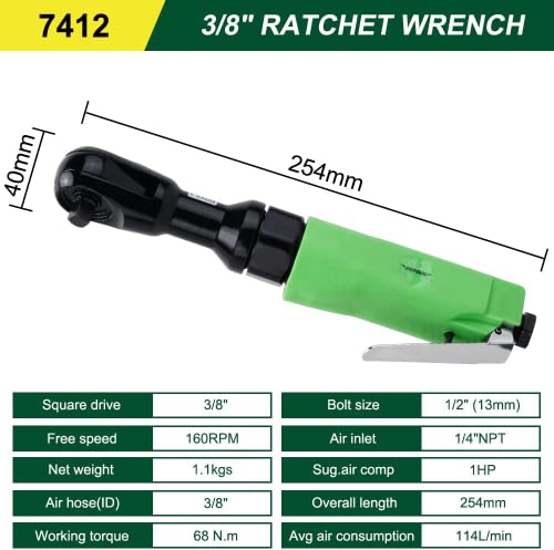 Dotool 3/8" Air Ratchet Wrench 50 ft-lbs Max Torque Output Professional Pneumatic Aluminum 160 RPM Comfort Grip, Lightweight, Compact, Forward/Reverse Control