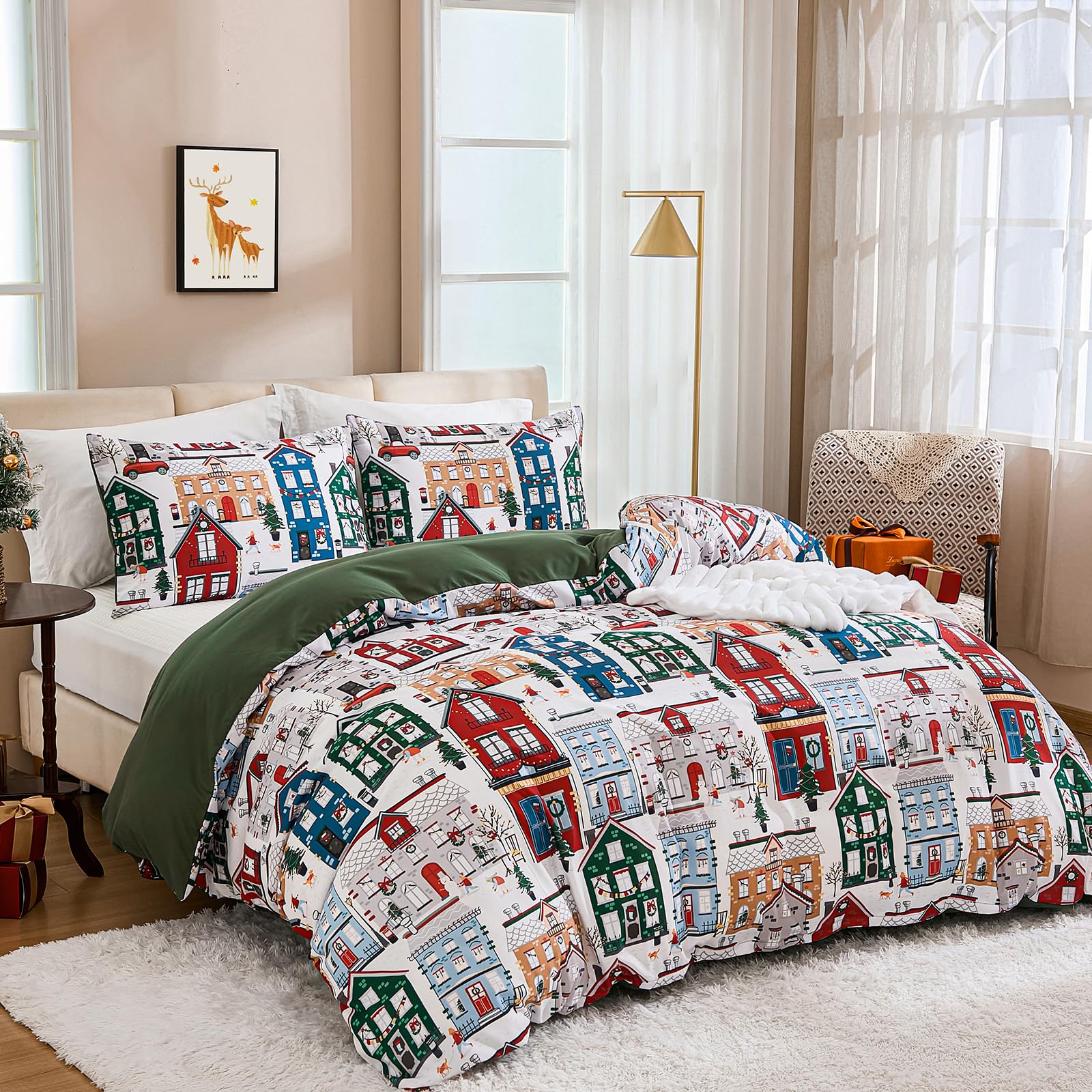 Dobuyly White Christmas Duvet Cover Queen, Blue Red Christmas Tree Pattern Duvet Cover Set, Soft Microfiber Pine Christmas Bedding Set Queen Size Includes 1 Duvet Cover and 2 Pillow Shams