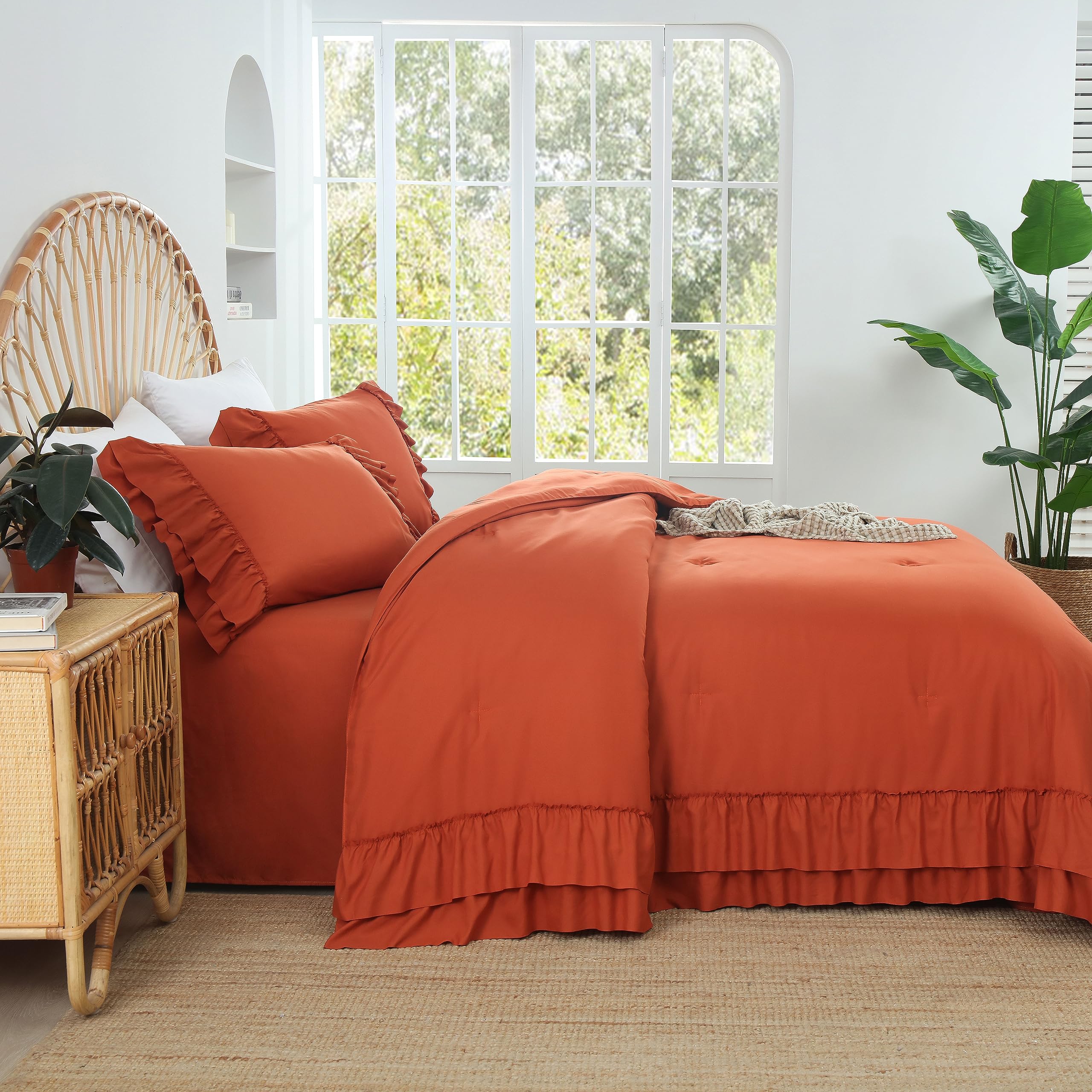 Btargot Terracotta Waterfall Double Layers Ruffle Comforter Set, 3 Piece Shabby Chic Bedding Set Queen Size for Girls WomenTeens