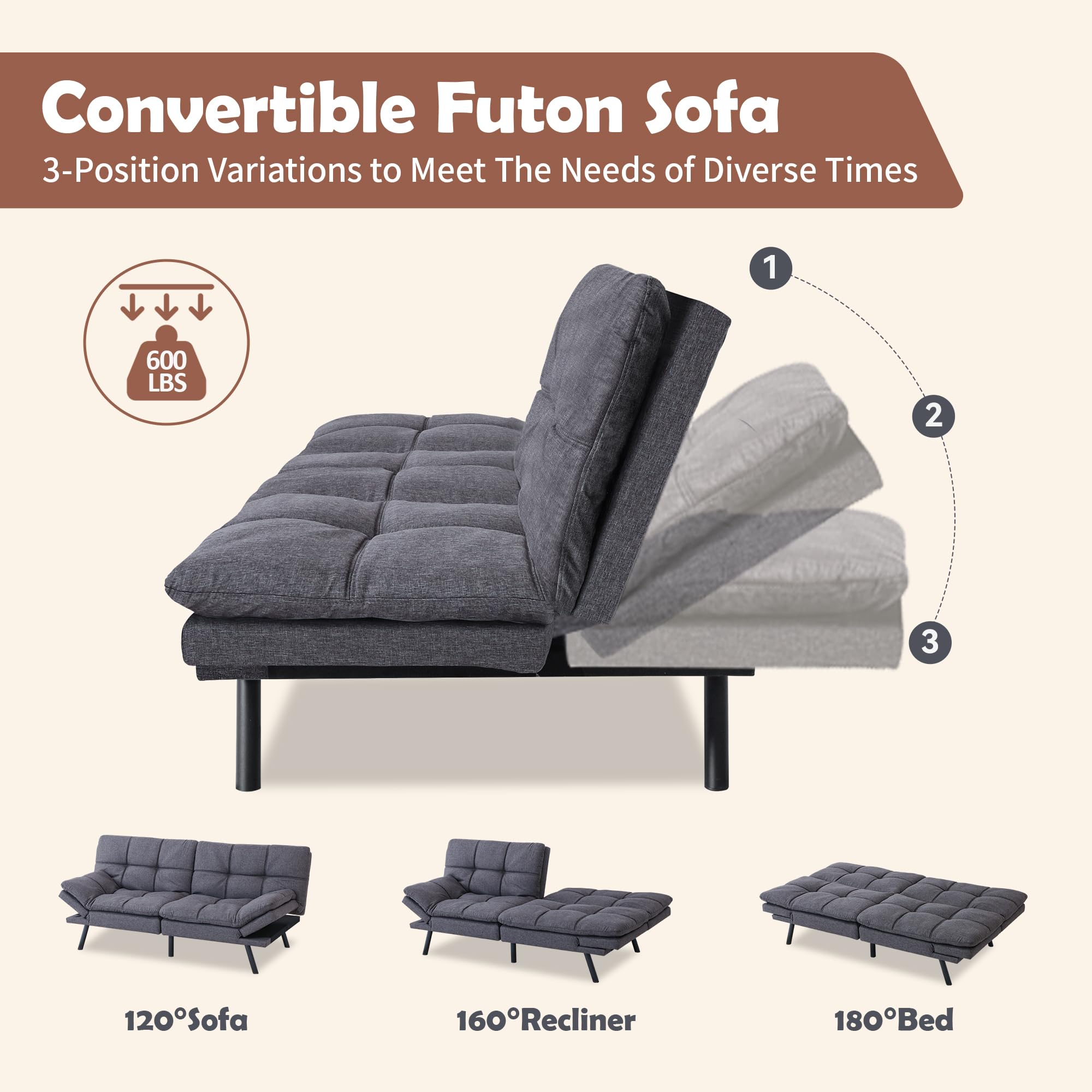 Hcore Futon Bed Sofas, Authentic Gray