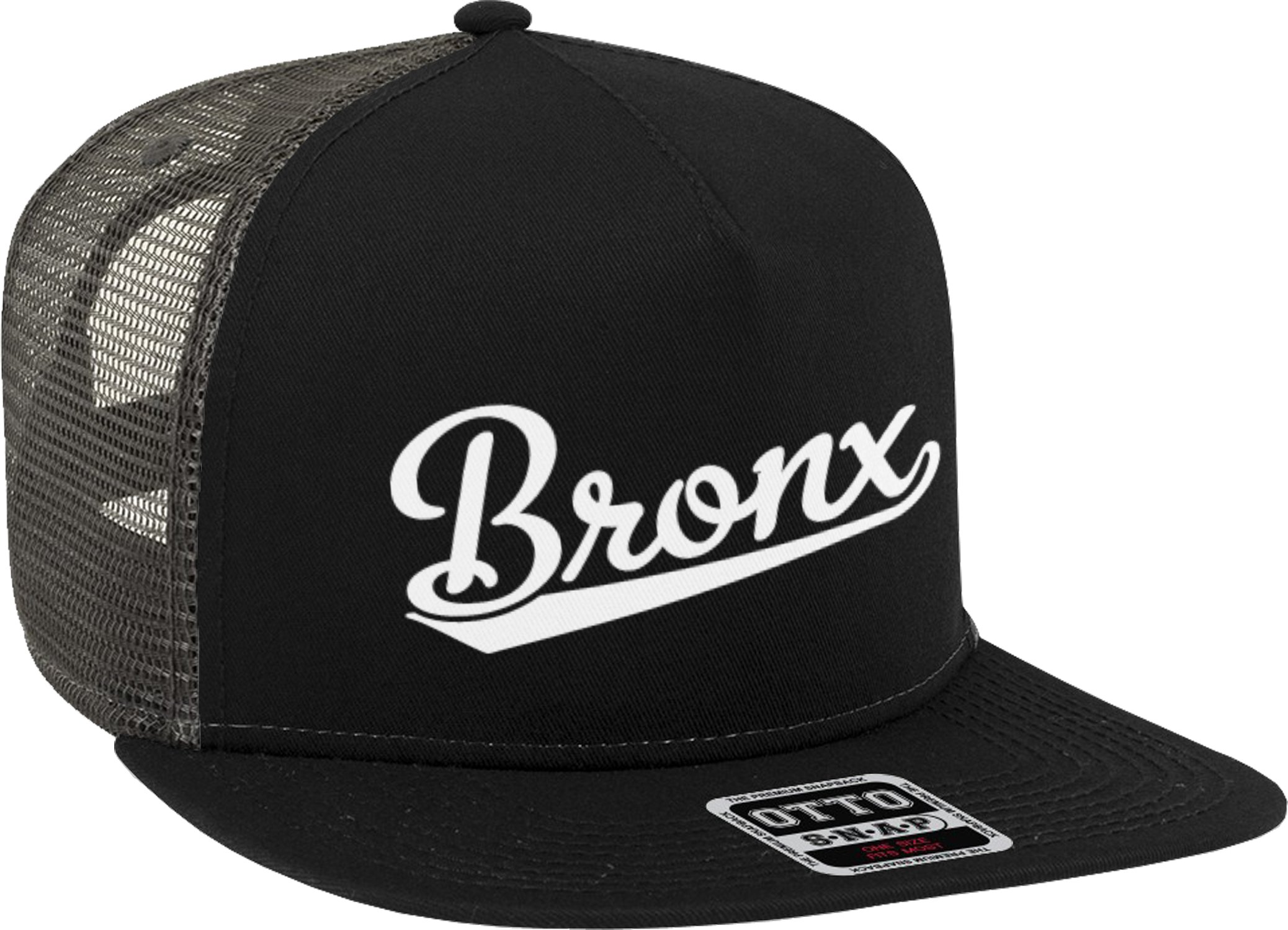 Bronx Script Baseball Font Snapback Trucker Hat, Black/Charcoal Grey