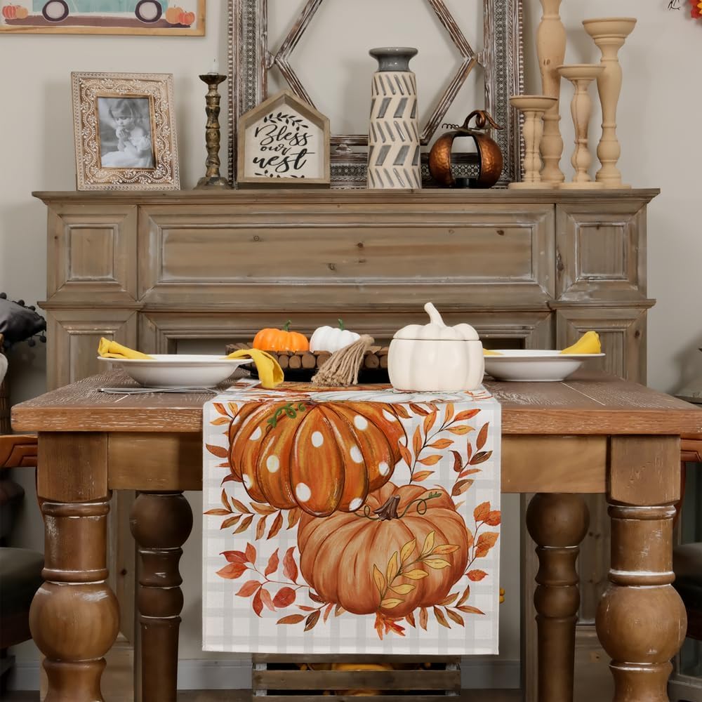 GEEORY Fall Table Runner, 13x72 Inch Pumpkins Leaves Farmhouse Table Decoration for Kitchen Dinning, Indoor Outdoor Dinner Party (Orange Pumpkins) GT124-72