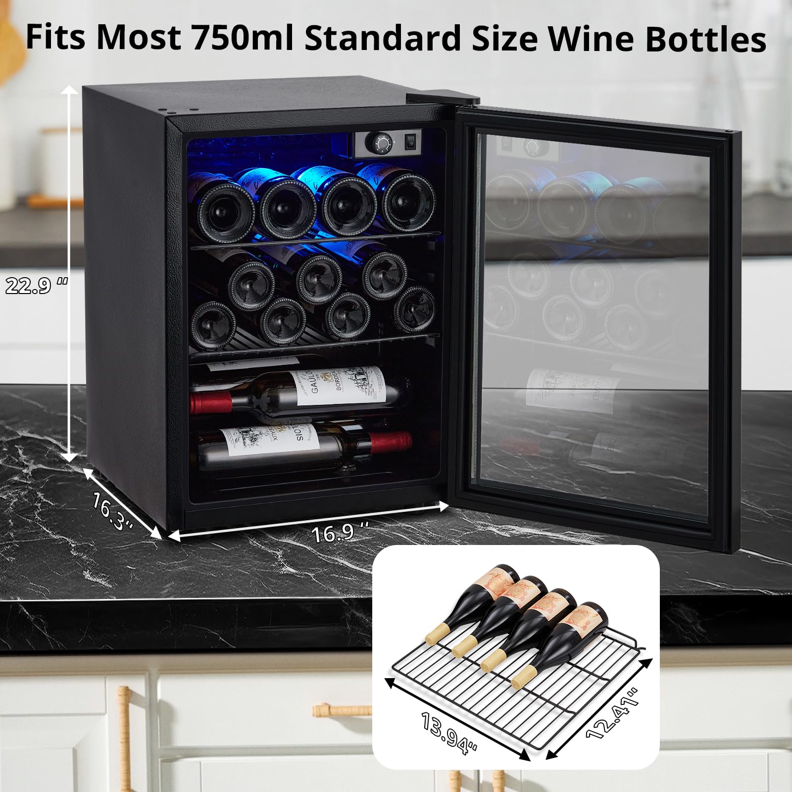 Garvee Wine Fridge 16 Bottle Capacity, Wine Cooler Temperature 7 Levels Adjustable, Temperature Range 40~61°F, Wine Cooler Refrigerator for Red White Wine, Champagne, Beer with Blue Interior Light