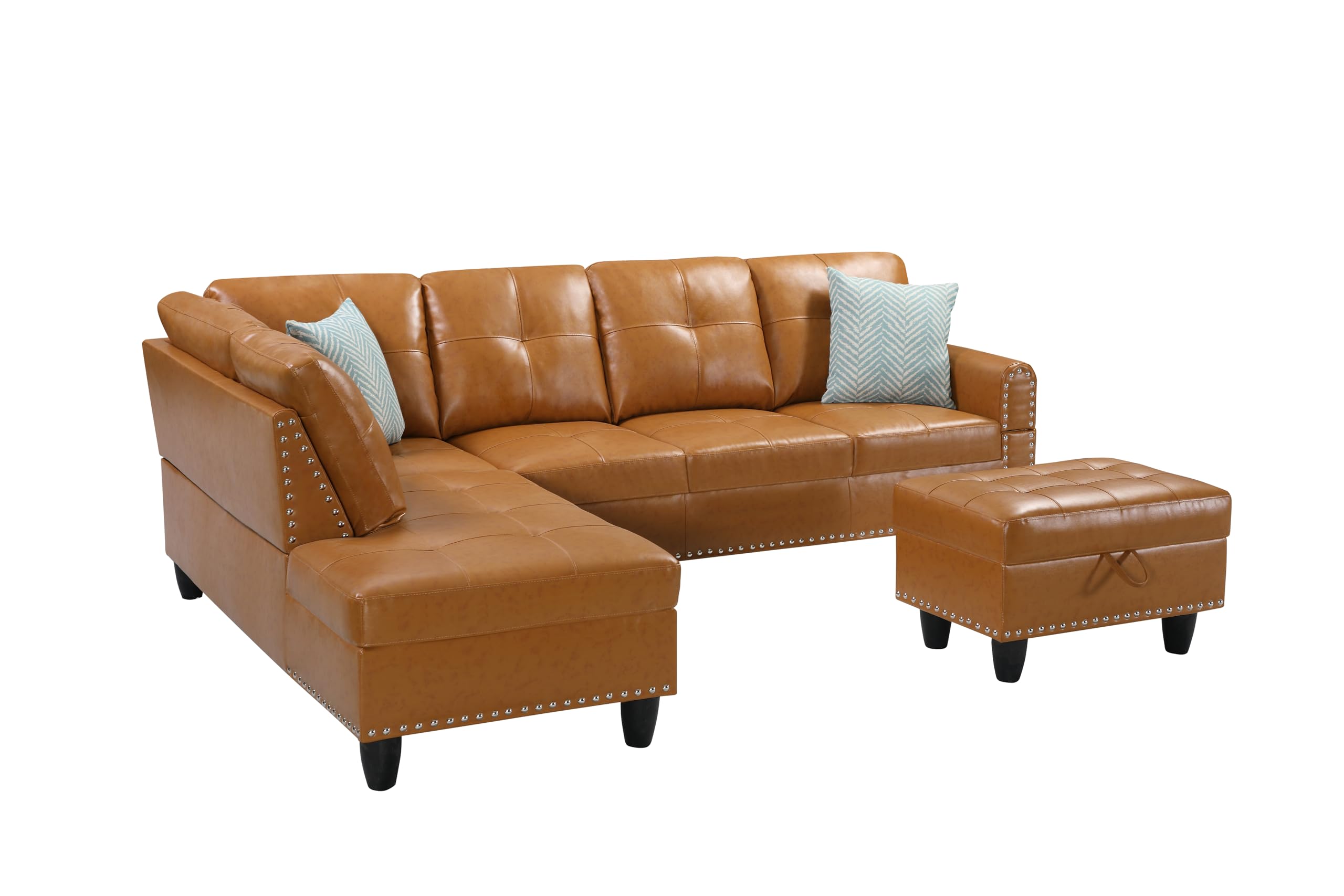 FANYE L-Shaped 5 Seaters Sectional Sofa with Right Chaise, Faux Leather Upholstered Corner Sofa&Couch W/2 Cup Holders and Storage Ottoman for Home Apartment Office Living Room