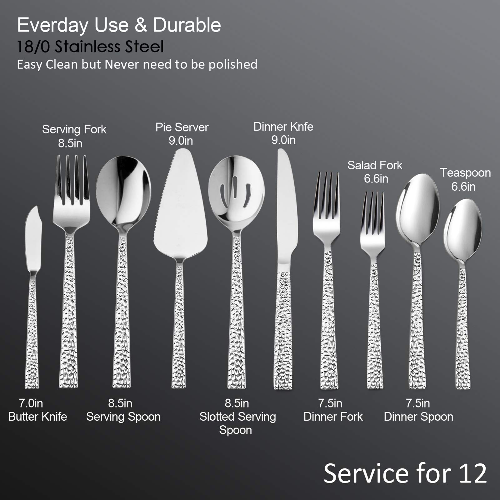 HaWare 65-Piece Hammered Flatware Serving Set, Stainless Steel Silverware Cutlery Set for Home/Hotel/Restaurant, Service for 12, Elegant & Classic Design, Dishwasher Safe-Square Edge