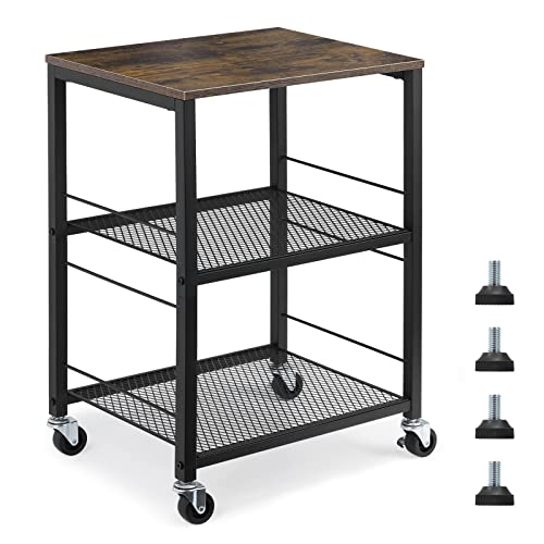 MOOACE Rustic 3 Tier End Table with Wheel,Side Table Nightstand Storage Shelf for Bedroom,Kitchen,Living Room and Office, Stable Metal Frame,Wood Top, Easy Assembly - Brown&Black