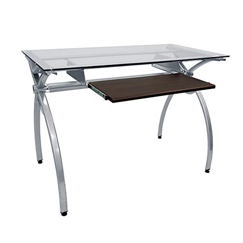 Techni Mobili Modern Work Desk-43.25β Wide Tray-Perfect Clear Contempo Glass Top Computer Desk with Pull Out Keyboard Panel, 43.25" W