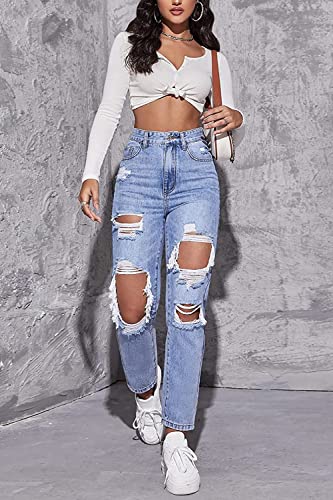 LINUMIN Women's High Waist Straight Leg Ripped Jeans Distressed Denim Pants (Blue, XL)