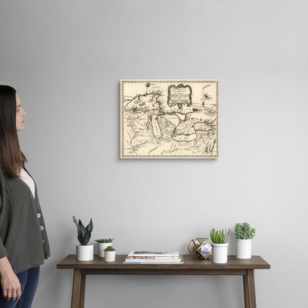 CANVAS ON DEMAND Antique Map of the Great Lakes and the Midwest Us, 1755 Canvas Wall Art Print, Home Decor, Nature Artwork, 20"x16"