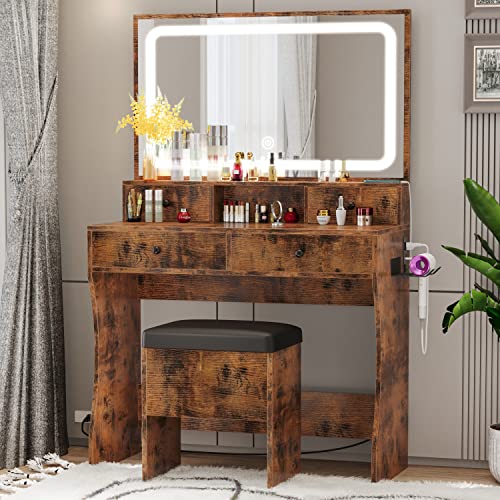 LIKIMIO Vanity Desk with LED Lighted Mirror & Power Outlet & 4 Drawers, Dressing Makeup Table Set with Storage Stool and Hair Dryer Stand, Vintage Brown