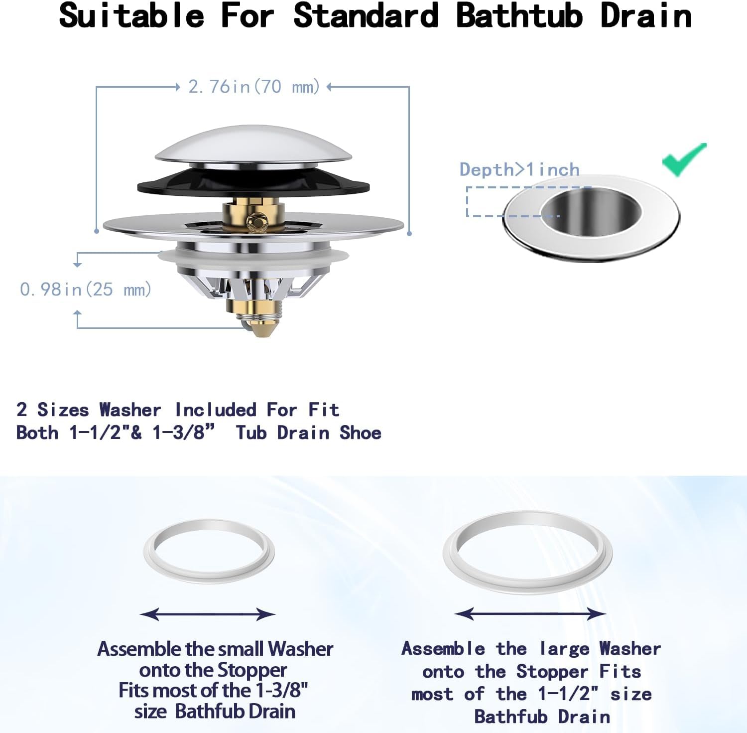 GEKJDMER Universal Tub Stopper Bathtub Drain,Pop Up Bath Drain Tip Toe Bathtub Drain Stopper,Replaces Bath Tub Lift and Turn, Tip-Toe and Trip Lever,Easy to Install and Clean