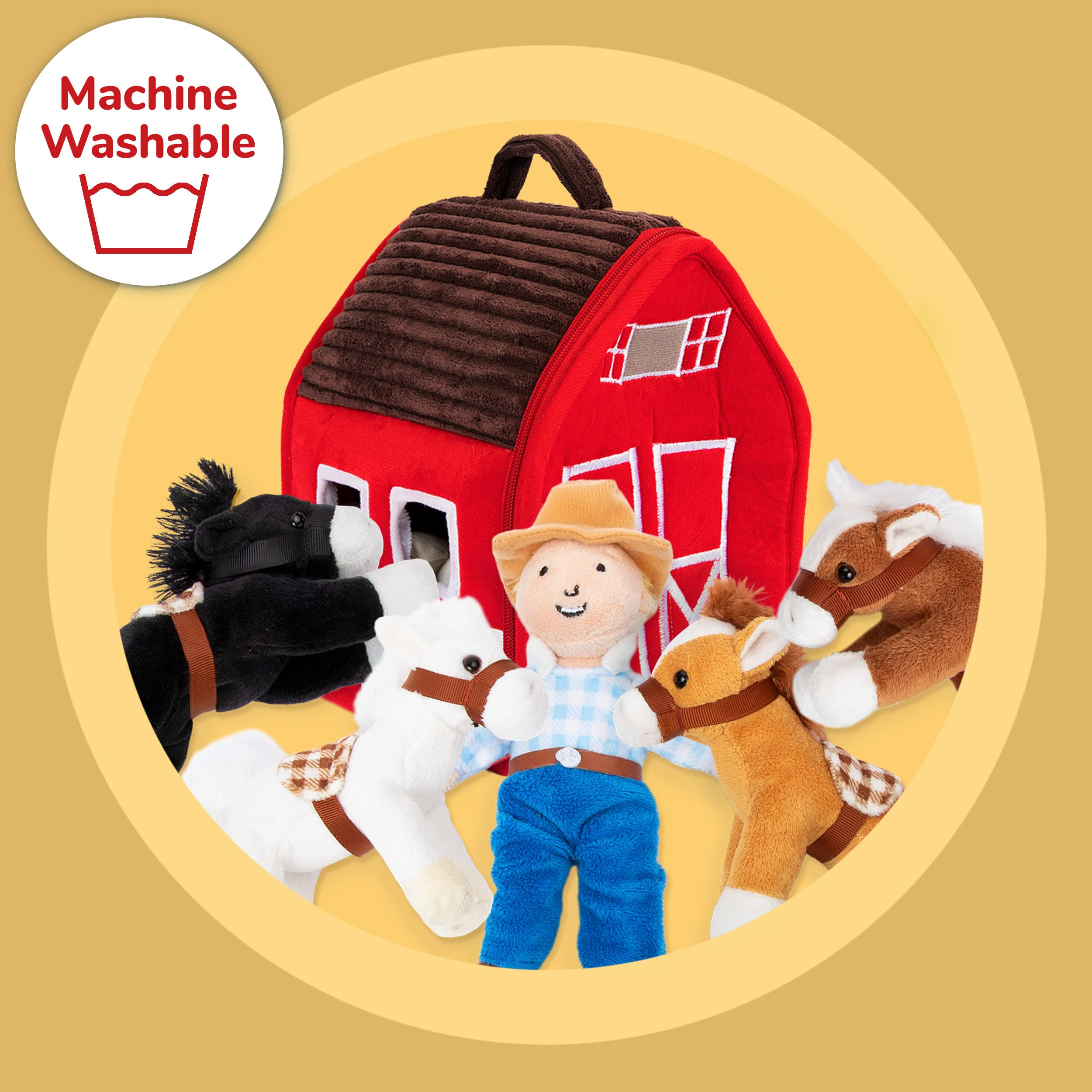 PREXTEX Plush Farm House with Soft and Cuddly 5" Plush Horses, Farm Boy, and Farm House Barn House Carry Along Case